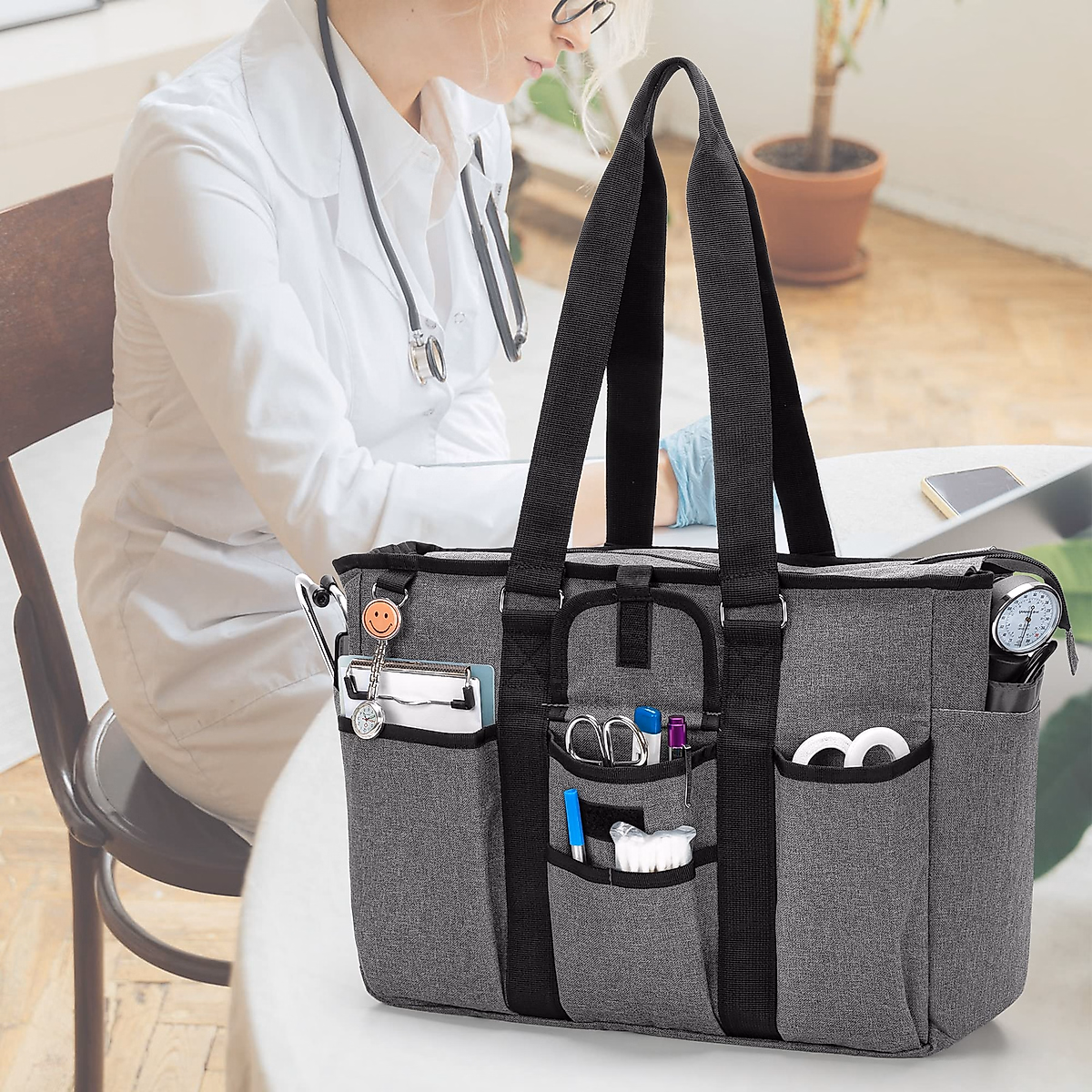 LoDrid Nurse Bag with Bottom Pad, Large Home Health Nurse Bag, Medical Assistant Bag with Multiple Pockets Features, Nurse Equipment Bag for Work, Grey, Bag Only