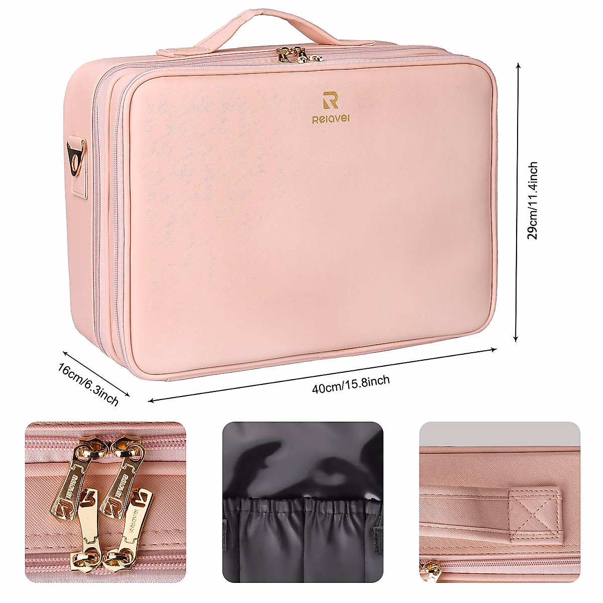 MONSTINA Cosmetic Bags 3 Layer Cosmetic Organizer Makeup Case Beauty Artist Storage Brush Box with Shoulder Strap (Large, PU Leather pink)