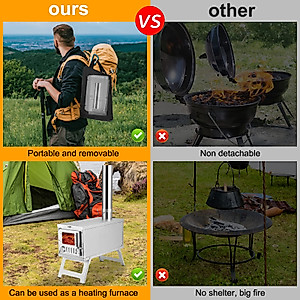 304 Stainless Steel Camping Tent Stove, Ultralight Foldable Portable Wood Burning Stove with Chimney Pipes and Rotary Damper, Tent Heaters Stove for Camping Heating and Cooking