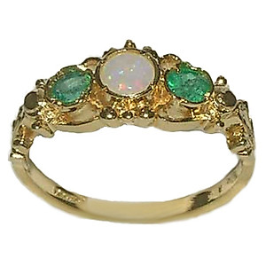 LetsBuyGold 10k Yellow Gold Real Genuine Opal & Emerald Womens Band Ring - Size 7