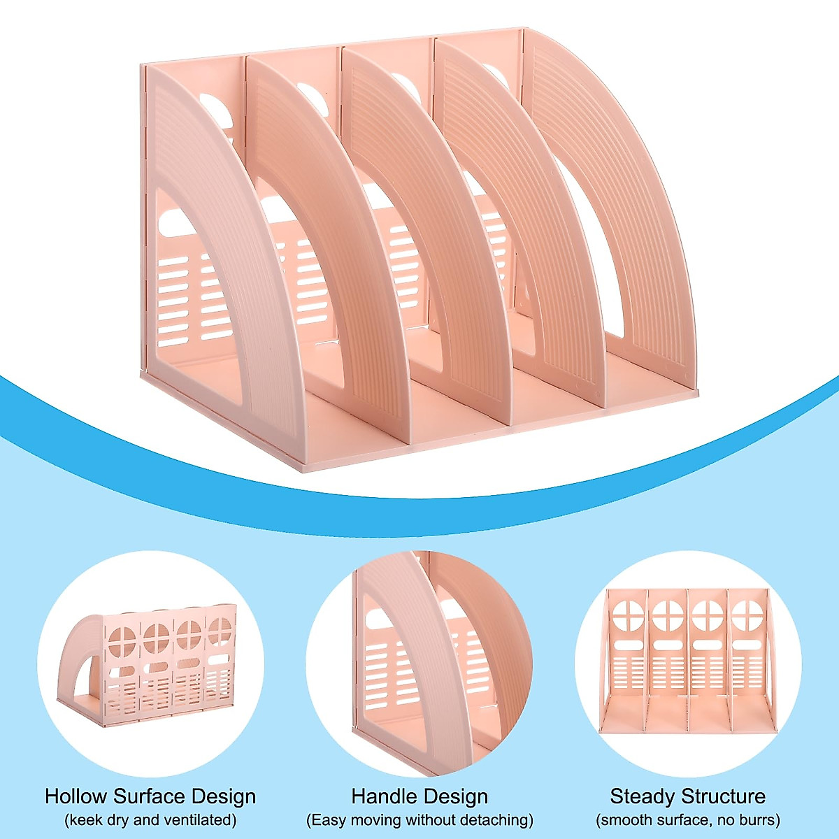 PATIKIL Magazine File Holder, Plastic Vertical 4 Compartment Desktop File Book Newspaper Notebook Storage Rack Bookshelf Folder Organizer for Office, Light Pink