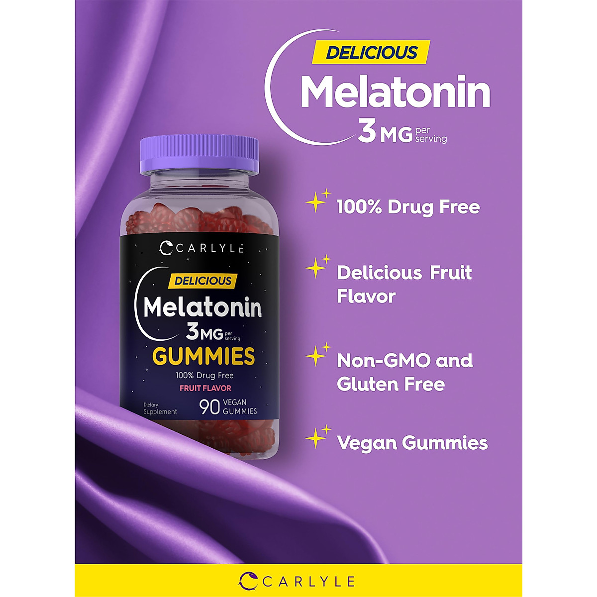 Carlyle Melatonin Gummies 3mg | 90 Count | Fruit Flavor Gummy Supplement | 100% Drug Free Support | Vegan, Non-GMO, Gluten Free