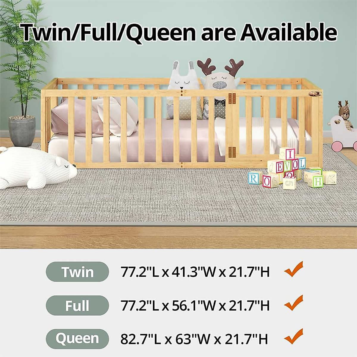 TURRIDU Queen Size Montessori Floor Bed, Multifunctional Wood Bed Frame with Fence & Door for Children Boys Girls Bedroom Living Room, Without Slat & Unlimited Weight, Natural