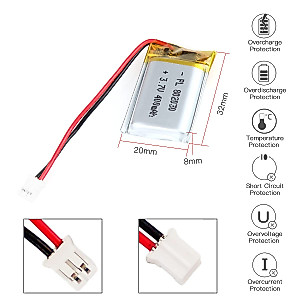 YTKavq 3.7V 400mAh Battery 802030 Lithium Polymer Ion Rechargeable Li-ion Li-Po Battery with 2P PH 2.0mm Pitch Connector