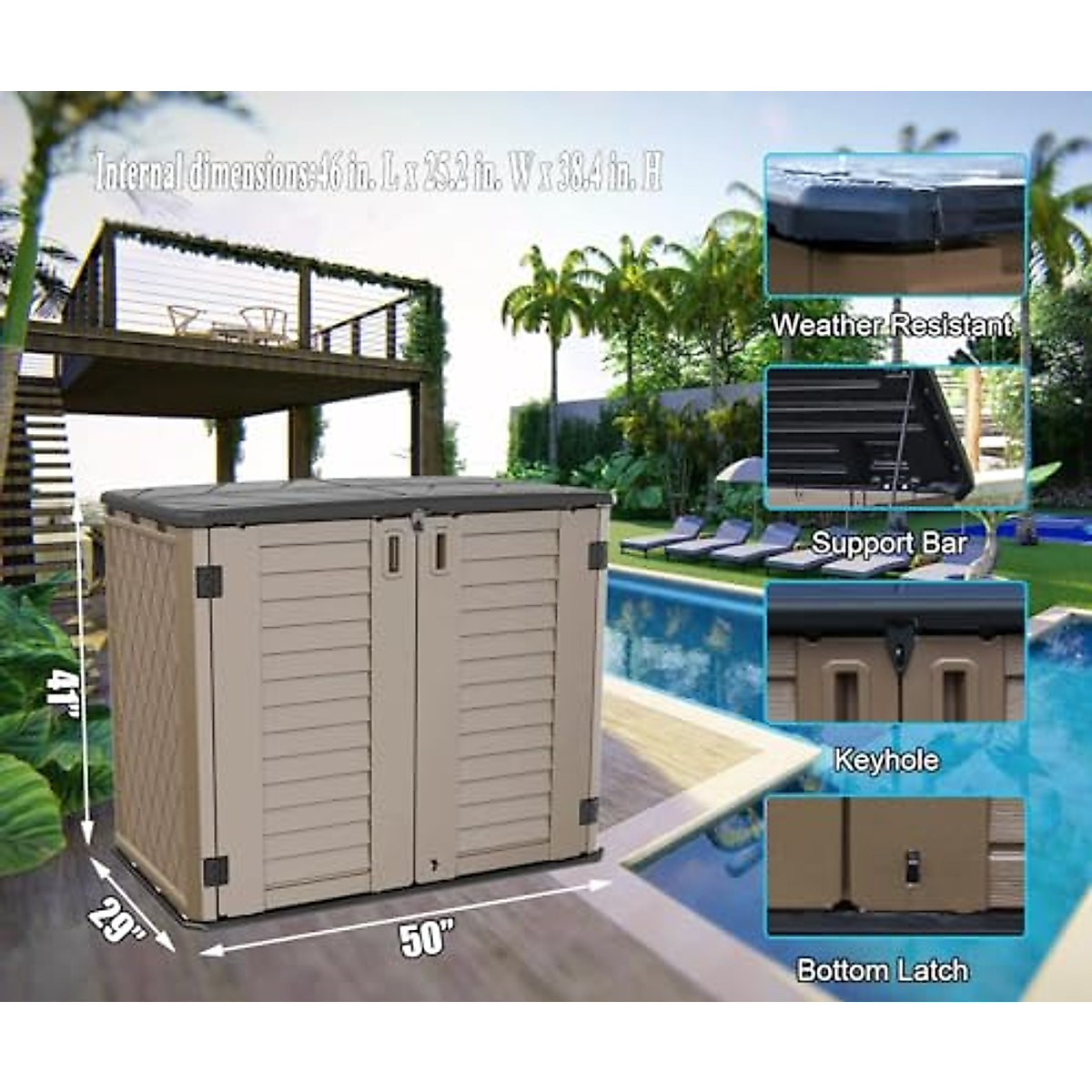 ADDOK 26 Cu.ft Outdoor Storage Shed Multi-Function, Lockable Horizontal Storage Unit Weather Resistance, Thick HDPE Resin Storage Cabinet for Backyards, Patio, Garden(Brown)