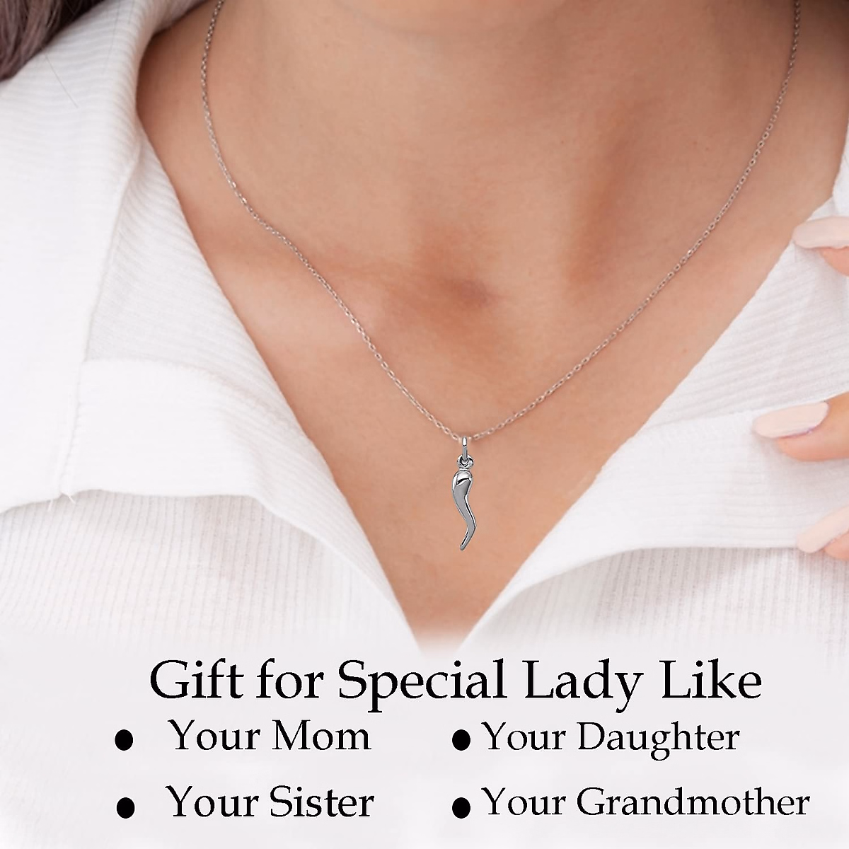 Sterling Silver Italian Polished Rhodium Horn Cornicello Good Luck Charm Pendant - 6mm x 30mm - Italian Horn Necklace for Women Men - Protection Charm