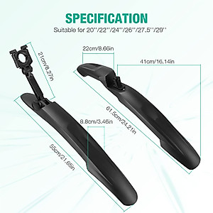 Rimore Bicycle Bike Fender Mudguard, Adjustable Mountainbike Bicycle Fenders for 26, 27.5, 29In Splash Guard Front Rear MTB Mud Guard Bicycle fender