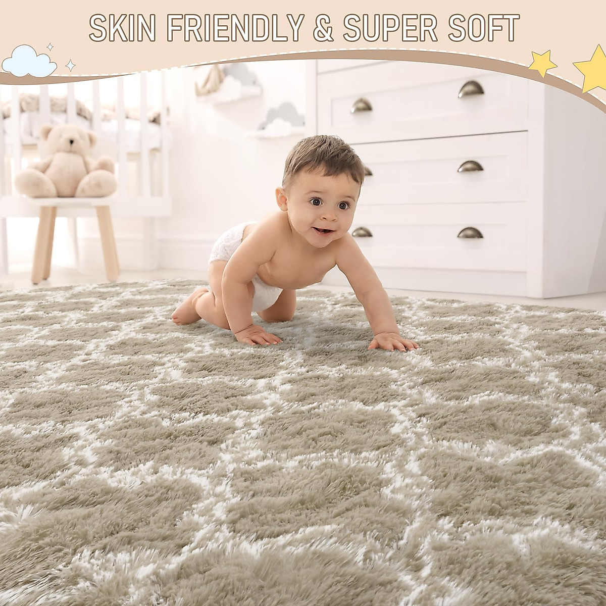 LOCHAS Luxury Shag Area Rug 5x8 Feet Geometric Plush Fluffy Rugs, Extra Soft Carpet Moroccan Rugs for Bedroom Living Room Dorm Kids, High Pile Shaggy Floor Rug Decor, Beige and White