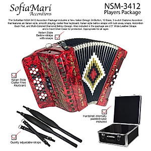 SofiaMari NSM3412 Accordion Package: 34 Button, 12 Bass, 3 Switch Accordion with Case and Straps (Fa/FBE, Red Pearl)
