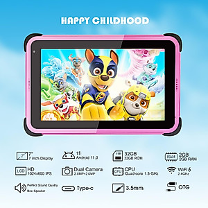 CWOWDEFU Kids Tablet 7 Inch Android 11 Tablet Kids Learning Tablet WiFi Tablet for Children Toddlers 7" Tablet for Home School Parent Control Educational Tablet with Kid-Proof Case (Pink)