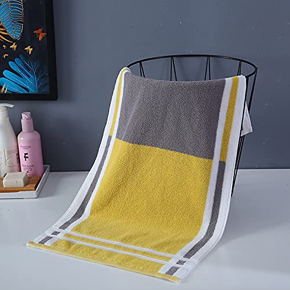 YiLUOMO Hand Towels Set of 2 100% Cotton Striped Checkered Pattern Super Soft Highly Absorbent Decorative Hand Towel for Bathroom, Kitchen 13 x 29 Inch (Yellow & Grey)