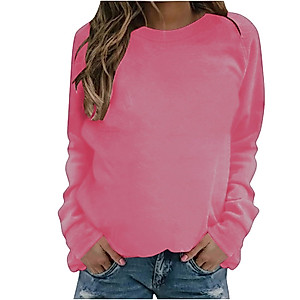 amazon warehouse sale clearance womens cropped sweatshirt Womens Long Sleeve Pullover Sweatshirt Crewneck Solid Pull On Tops Blouse Teen Girl 2023 Fall Trendy Clothes Fleece Hot Pink XL