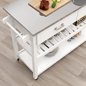 RASOO Kitchen Island White Stainless Steel Top Kitchen Cart On Wheels with 2 Drawers and Storage Shelves, 47.24"x19.68"x35.82"(LxWxH