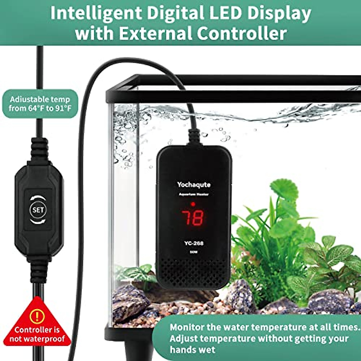 Yochaqute Aquarium Fish Tank Heater: 50 Watt Submersible Small Betta Heater with LED Temperature Display Adjustable External Controller for 1-10 Gallon Saltwater | Freshwater