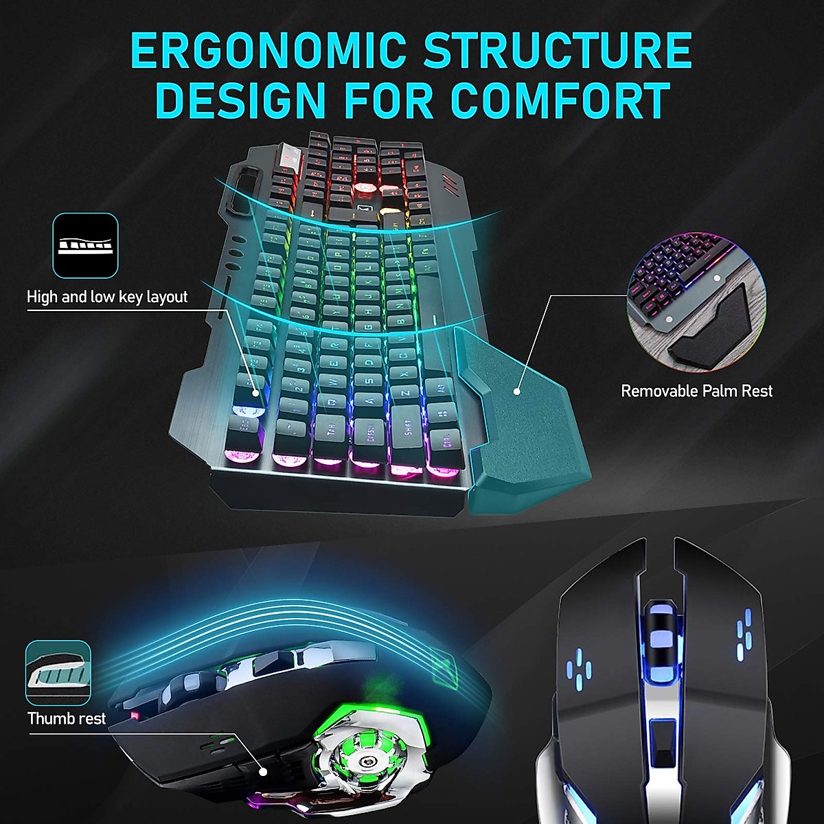 Wireless Gaming Keyboard Mouse and Wired Computer Speaker with Rainbow RGB Backlit Rechargeable Battery Metal Mechanical Ergonomic Waterproof Dustproof Removable Palm Rest for Laptop PC Gamer(Black)
