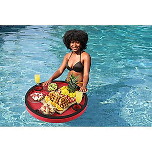 Polar Whale Floating Breakfast Table Serving Buffet Red and Black Round Tray Drink Holders for Swimming Pool Beach Party Float Lounge Refreshment Durable Foam UV Resistant with Cup Holders 24 Inches