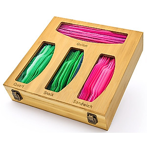 QXKAKA Ziplock Bag Organizer for Drawer, Kitchen Drawer Bamboo Organizer-Clamshell Plastic Bag Organizer, Wall Mounted Baggie Organizer, Ziploc Bag Organizer for Gallon, Quart, Sandwich, Snack