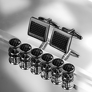 Mens Cufflinks and Tuxedo Studs Set in Gift Box (Carbon Fiber), Jewelry or Accessories in Gold Silver Black Tone, Matching with Shirts Vest and Bow tie, Suitable for Birthday Wedding Anniversary