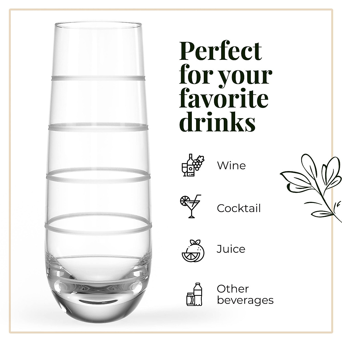 Fifth Avenue Crystal Medallion Stemless Champagne Flutes, Durable Glass, Mimosa, Cocktail Glasses Set, Prosecco Wine Flute, Bar Glassware, Toasting Wedding Glasses, Set of 6, Etched Patterns, 9.5oz