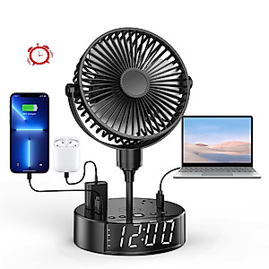 Fereowth Quiet Desk fan,Office Fan with 2 USB Charging Ports，Table Fan with 2 AC Power Outlets ，Bedroom Fan with Timer Alarm.Personal Fan for Home，Strong Wind, Quiet Operation（black gray）
