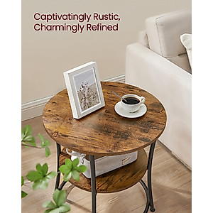 VASAGLE Side Table, Round End Table with 2 Shelves for Living Room, Bedroom, Nightstand with Steel Frame for Small Spaces, Outdoor Accent Coffee Table, Rustic Brown and Ink Black