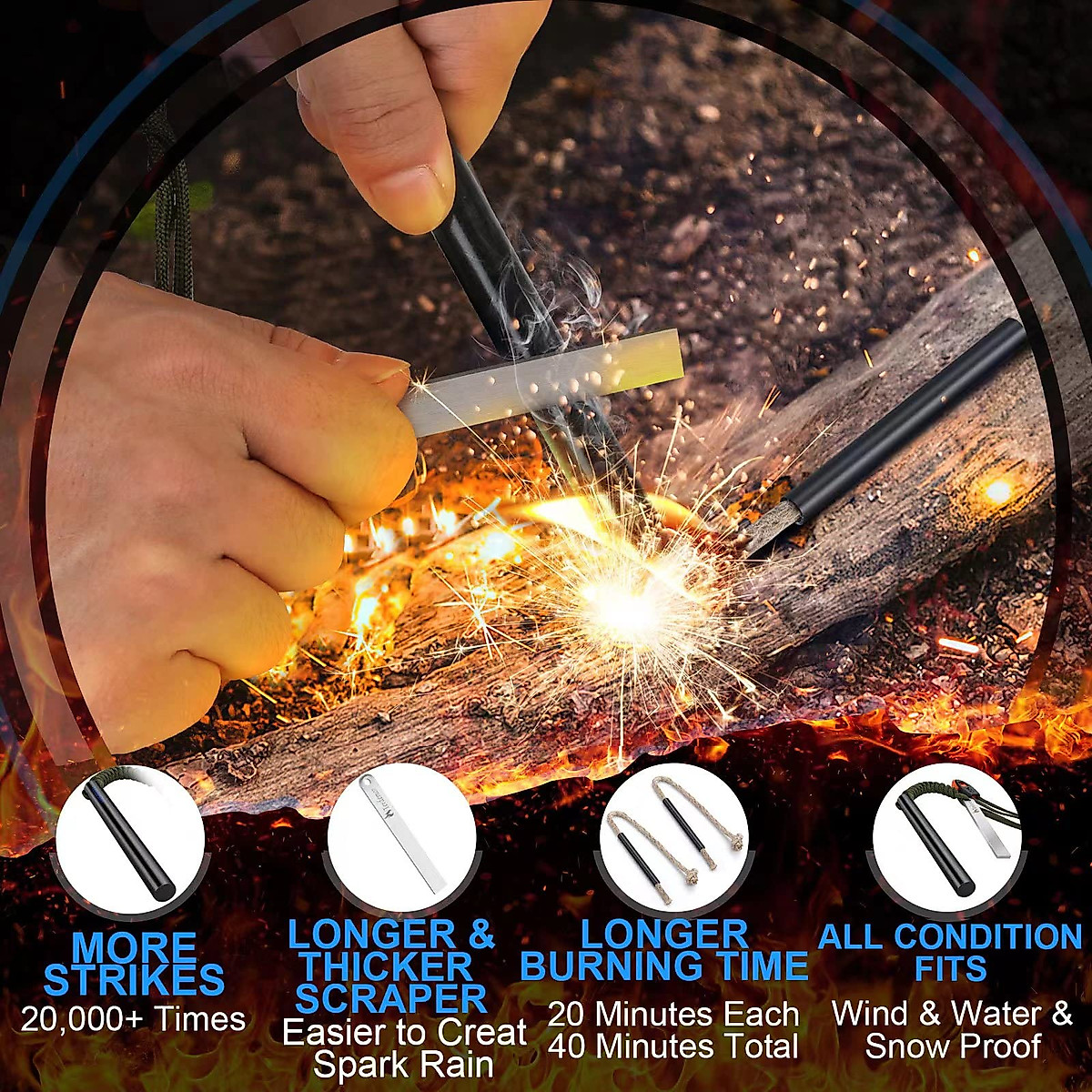 Ferro Rod Fire Starter Kit with 5 Inch Flint and Steel, Two 12 Inch Wax-Impregnated Tinders, 50 Inch 7-Core Paracord for Camping, Hiking, Boy Scouts, and Emergency Preparedness