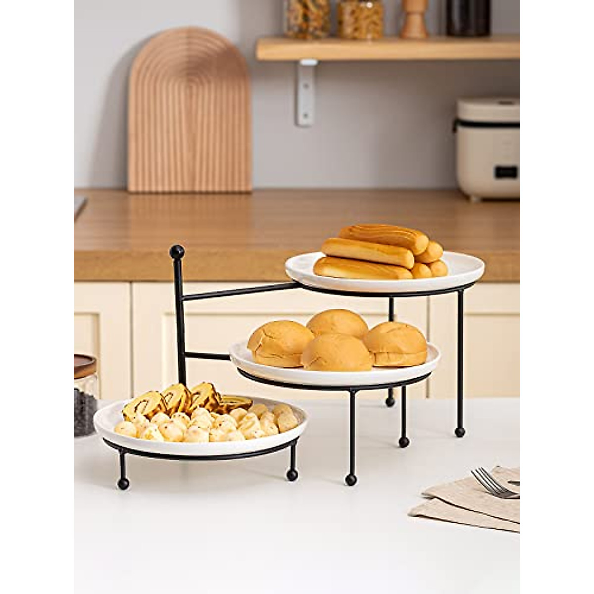 Kanwone 3 Tiered Serving Stand with White Porcelain Plates, Swivel Food Display Stand, 10" x 10" Tier Serving Trays with Black Metal Stand for Entertaining, 3 Tier Dessert Stand