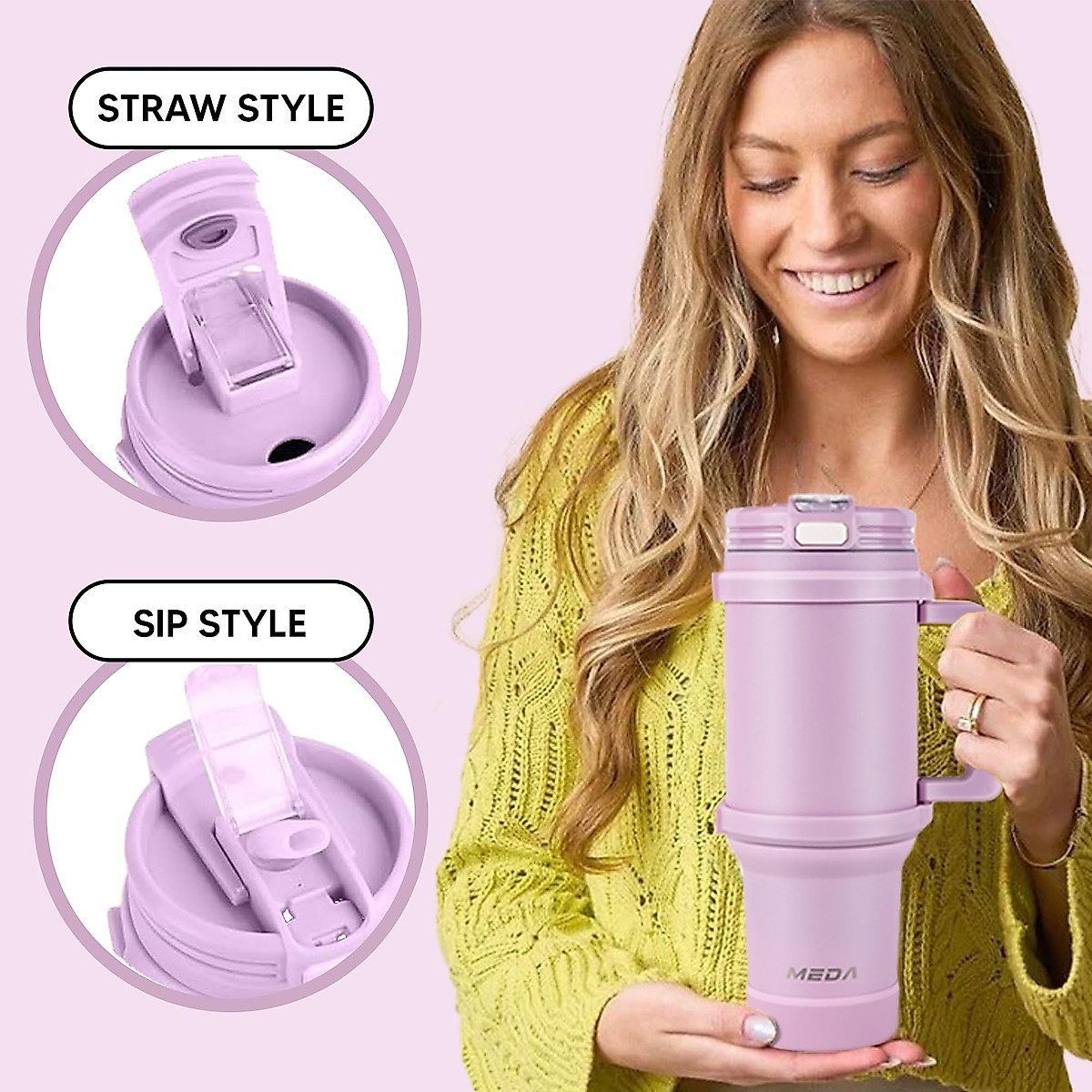 MEDA 40 oz Tumbler with Handle (Foldable) – Insulated, Reusable Stainless Steel Travel Coffee Mug – Perfect for Travel, Water, Iced Tea, Coffee – Ideal Easter Gift (Lilac)