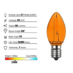 VENUSOP 5 Pack C7 Orange LED Replacement Christmas Light Bulbs,E12 Candelabra Base, Shatterproof Plastic, for Christmas Outdoor String Lights (Orange)