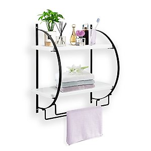 Y&ME 2 Tier Floating Bathroom Shelves with Towel Rack, Bathroom Shelves Over Toilet,White Bathroom Shelf Wall Mounted,Bathroom Towel Storage with Towel Rods for Household Decor (White)
