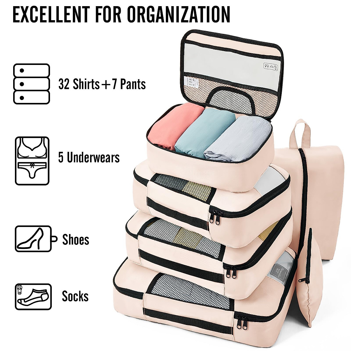 Veken 8 Set Packing Cubes for Travel, Gifts for Women Mom, Suitcase Organizer Bags for Luggage with Hanging Toiletry Bag and Shoe Bag, Vacation Essentials Travel Accessories for Cruise Ship