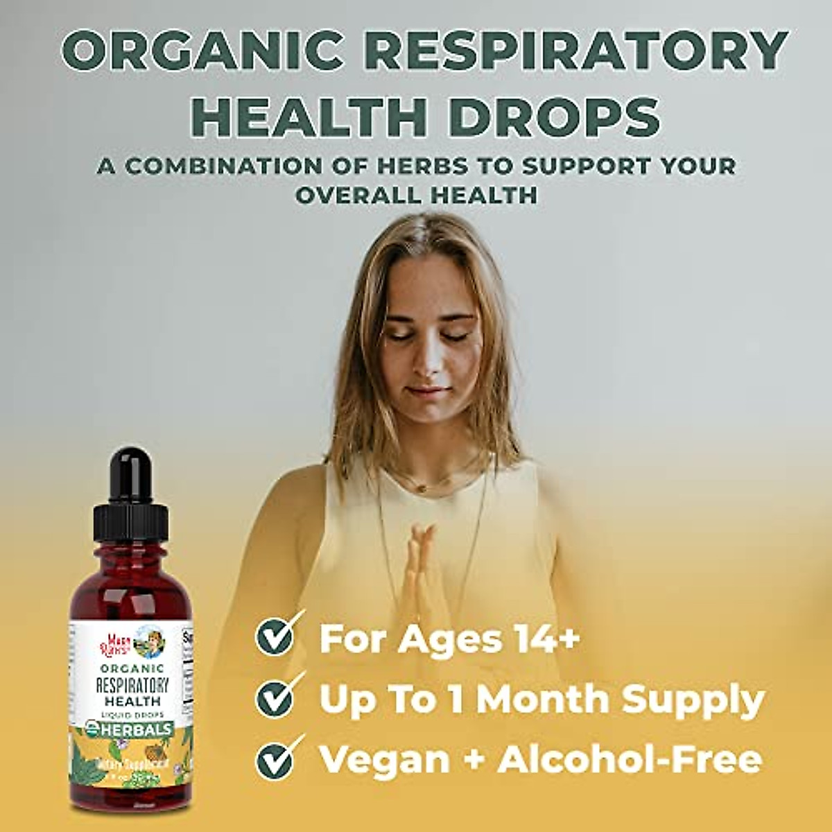 USDA Organic Respiratory Health Liquid Drops with Mullein Leaf, Marshmallow Root & Elderberry | Sinus Relief and Lung Cleanse Tonic Herbal Blend | Immune Support | Non-GMO | Vegan | 1 Fl Oz