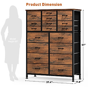 YaFiti 18 Drawer Dresser, Tall Dressers for Bedroom, Extra Large Capacity Fabric Storage Dresser with Wooden Top and Sturdy Metal Frame for Living Room, Closet, Hallway (Rustic Brown)