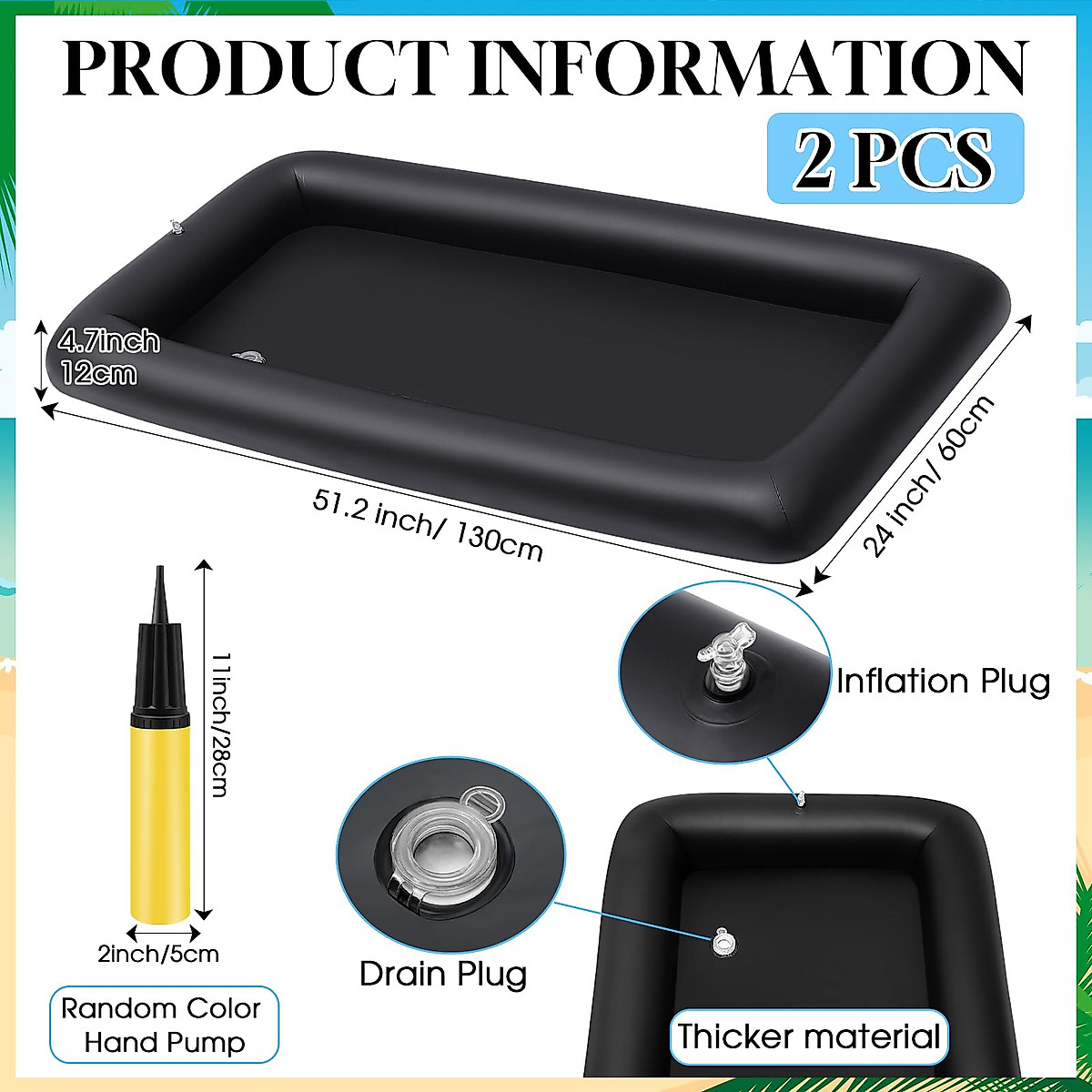 Leitee Inflatable Serving Bar Kit Includes Salad Buffet Tray with Drain Plug Mesh Food Cover Food Drink Containers and Inflator for Ice Supplies Summer Party Camping Picnic(Black)