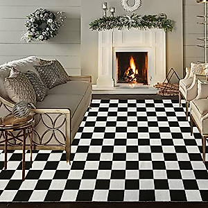 LEEVAN Black and White Checkered Outdoor Area Rug 5x7 ft Machine Washable Checkerboard Indoor Rug Extra Large Patio Rugs Woven Cotton Plaid Floor Carpet for Living Room/Balcony/Backyard