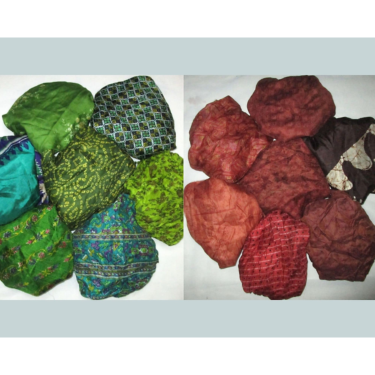 Vintage Sari Fabric 14 Pcs Brown & Green 12"*20" Silk Sari Scrap Remnants Lot for Journal Scrapbook Wrap Craft Project Jewelry Applique DIY Gift Wrap BRGR14
