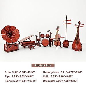 6-in-1 3D Puzzles Music Instrument Set for Adults/Kids with Piano, Gramophone, Drum-kit, Cello, Erhu, and Pipa, for Wooden Decorations, Wood Craft Jigsaw Puzzle for 6 Age up