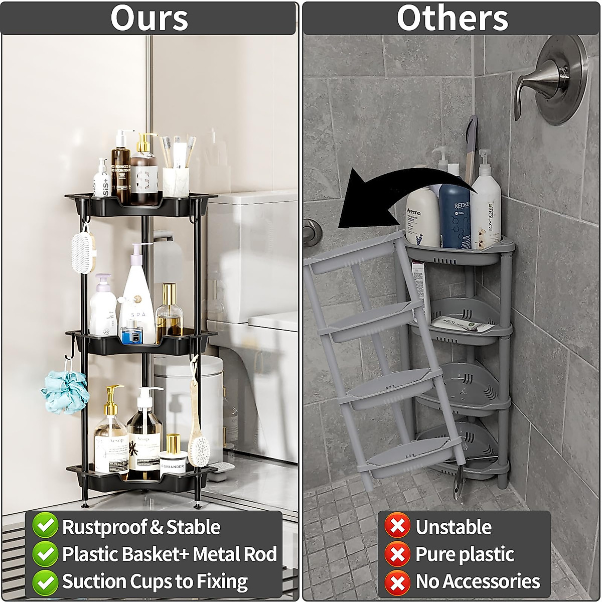 SWTYMIKI Corner Shower Caddy Standing - 3 Tier Rust Proof Floor Standing Shower Organizer with 4 Hooks, Waterproof Corner Stand Shower Shelf Storage Rack for Bathroom, Bathtub, Black