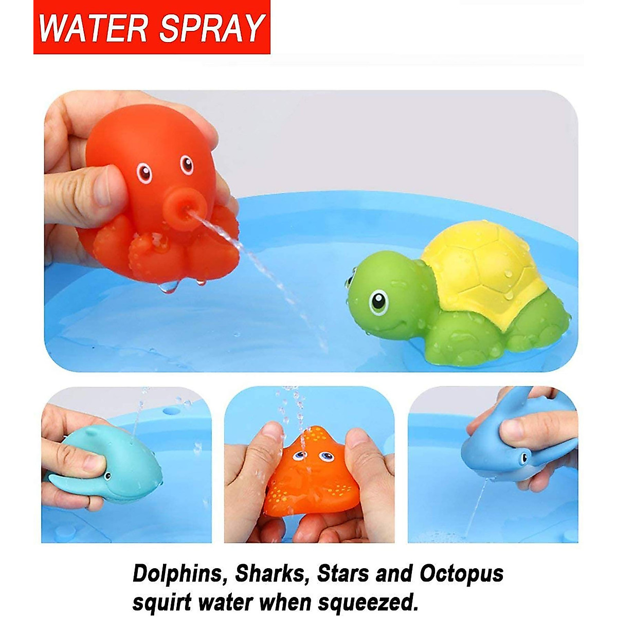 Bath Toy, Water Spraying Discoloration Floating Animals, Bathroom Pool Accessory, Shark Fishing Play Set for Babies and Kids