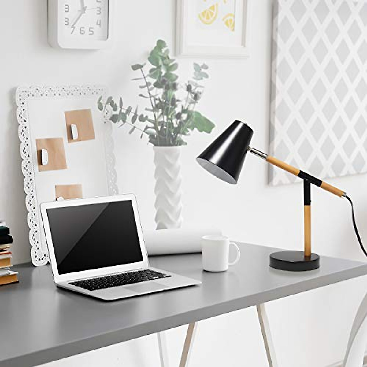 Simple Designs LD1059-BLK Matte and Wooden Pivot Desk Lamp, Black