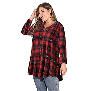 MONNURO Womens Plus Size 3/4 Sleeve V Neck Button Casual Loose Flowy Swing Tunic Tops Plaid Shirts for Leggings(Plaid Winered Pattern,1X