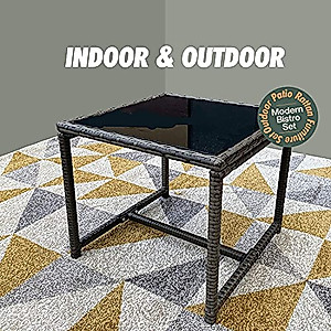 Pyramid Home Decor Black Wicker Furniture - 3 Piece Bistro Set for Outdoor Conversation - 2 Cushioned Rattan Chairs with Glass Coffee Table for Patio, Lawn, Porch, Lounge, Deck, Balcony & Living Room