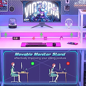 Besiost Gaming Desk with Lights & Power Outlets, 39.4' Computer Desk with Shelves, Small Desk for Small Space, Writing Desk with Monitor Stand, White