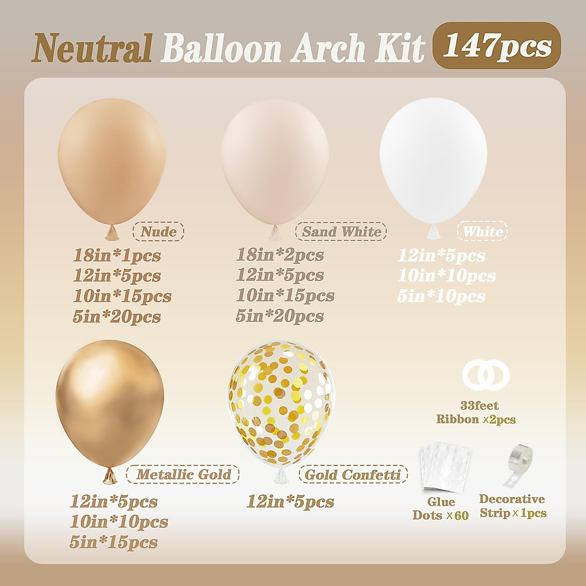 147pcs Neutral Balloon Garland Arch Kit, Different Sizes with Beige Cream Sand White Metallic Champagne Gold Balloons for Wedding Bridal Shower Birthday Boho Neutral Baby Shower Party Decorations