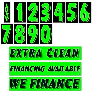 VERSA-TAGS 7.5" Black/Green Vinyl Number Decals 11 Dozen Set Windshield Pricing & 1 Pack of Each of Extra Clean, Financing Available, We Finance 14.5" x 2.75" Sticker Windshield Decal Auto Dealership
