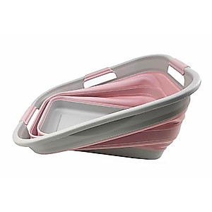 SAMMART 30L (8 gallon) Collapsible Plastic Laundry Basket-Foldable Pop Up Storage Container/Organizer-Portable Washing Tub-Space Saving Hamper/Basket (1, Grey/Pale Pink)