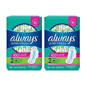 Always Ultra Thin Pads Size 2 Super Long Absorbency Scented with Wings, 40 Count, Packaging may vary