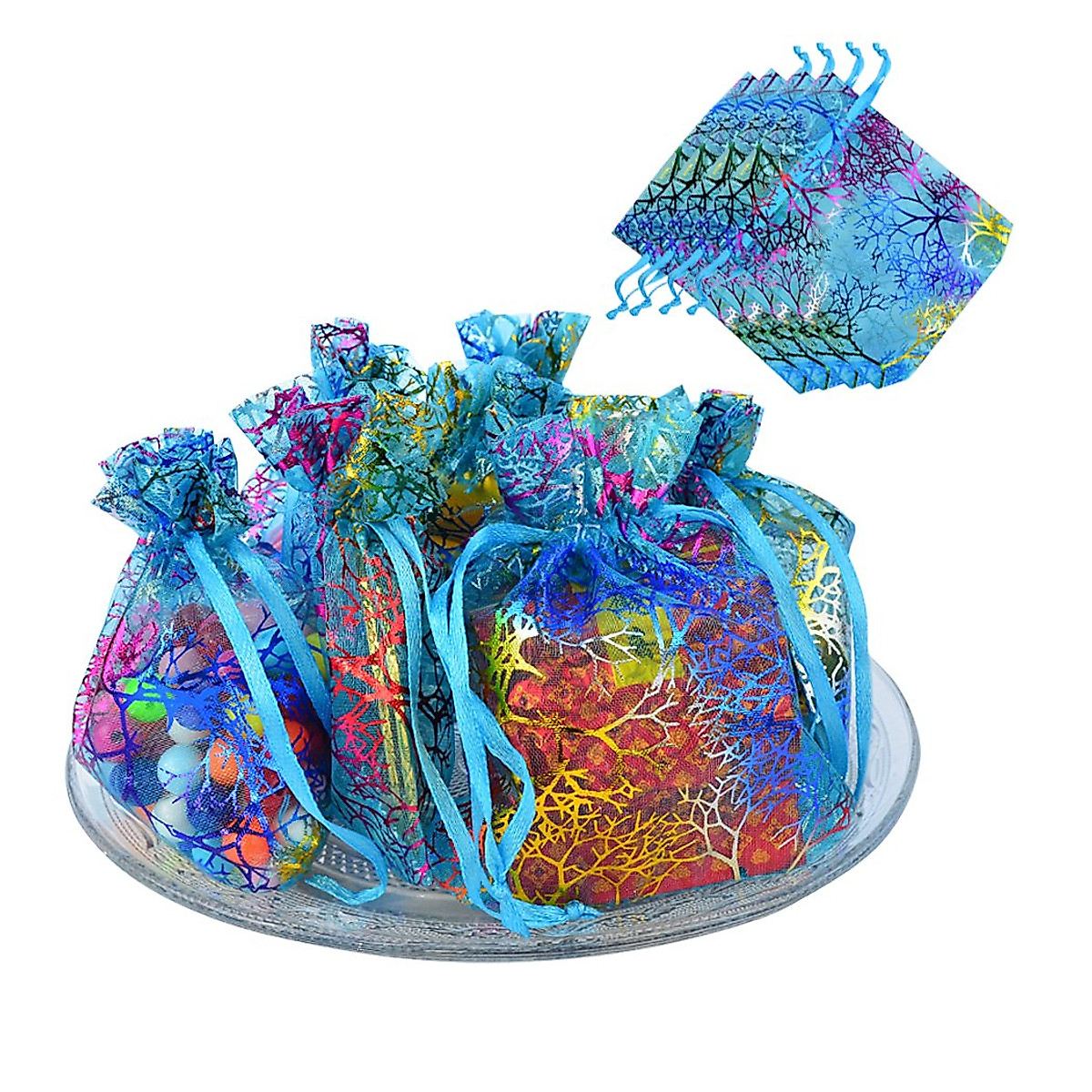 Marrywindix 100pcs Blue Organza Drawstring Pouches Jewelry bags, Candy Pouch Chocorate Pouch Party Wedding Favor Gift Bag