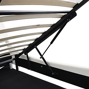 Low Profile Upholstered Platform Bed with LED Lights Headboard, Hydraulic Lifting Under Bed Storage, Modern Curved PU upholstered Low Profile Platform Bed Frame for Kids Teens Adults (White, Full)