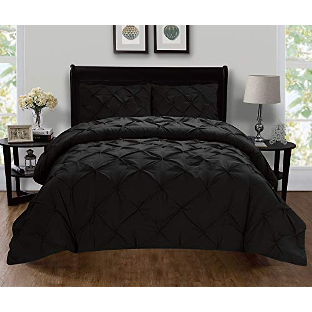 Elegant Comfort Luxury Super-Soft Coziest 1500 Thread Count Egyptian Quality 3-Piece Pintuck Design Duvet Cover Set, (Insert Comforter Protector) Wrinkle-Free, King/California King, Black